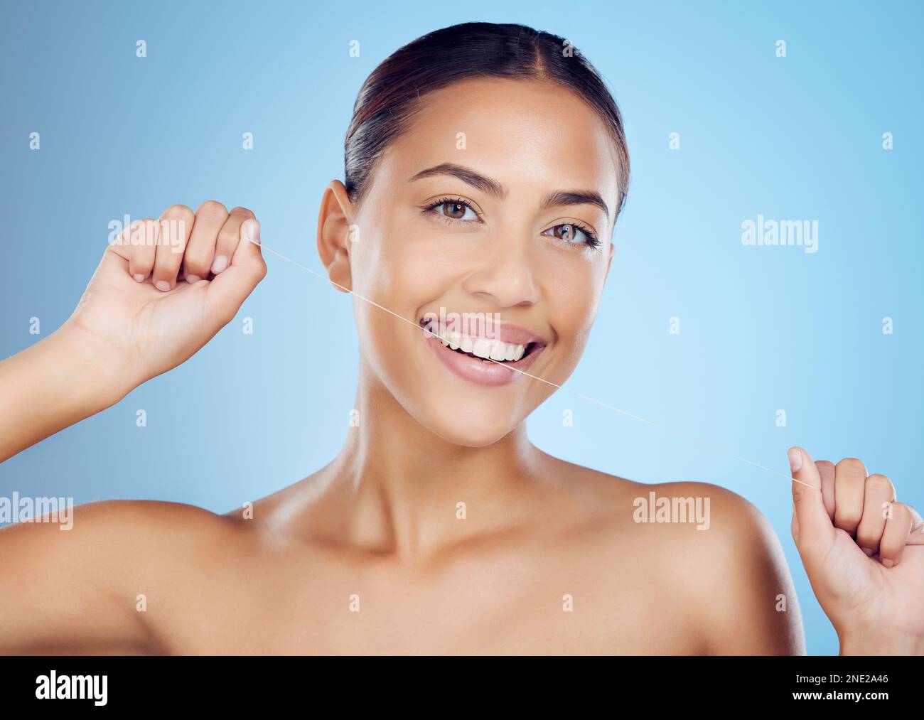 Floss, dental wellness and portrait of woman in studio for beauty ...