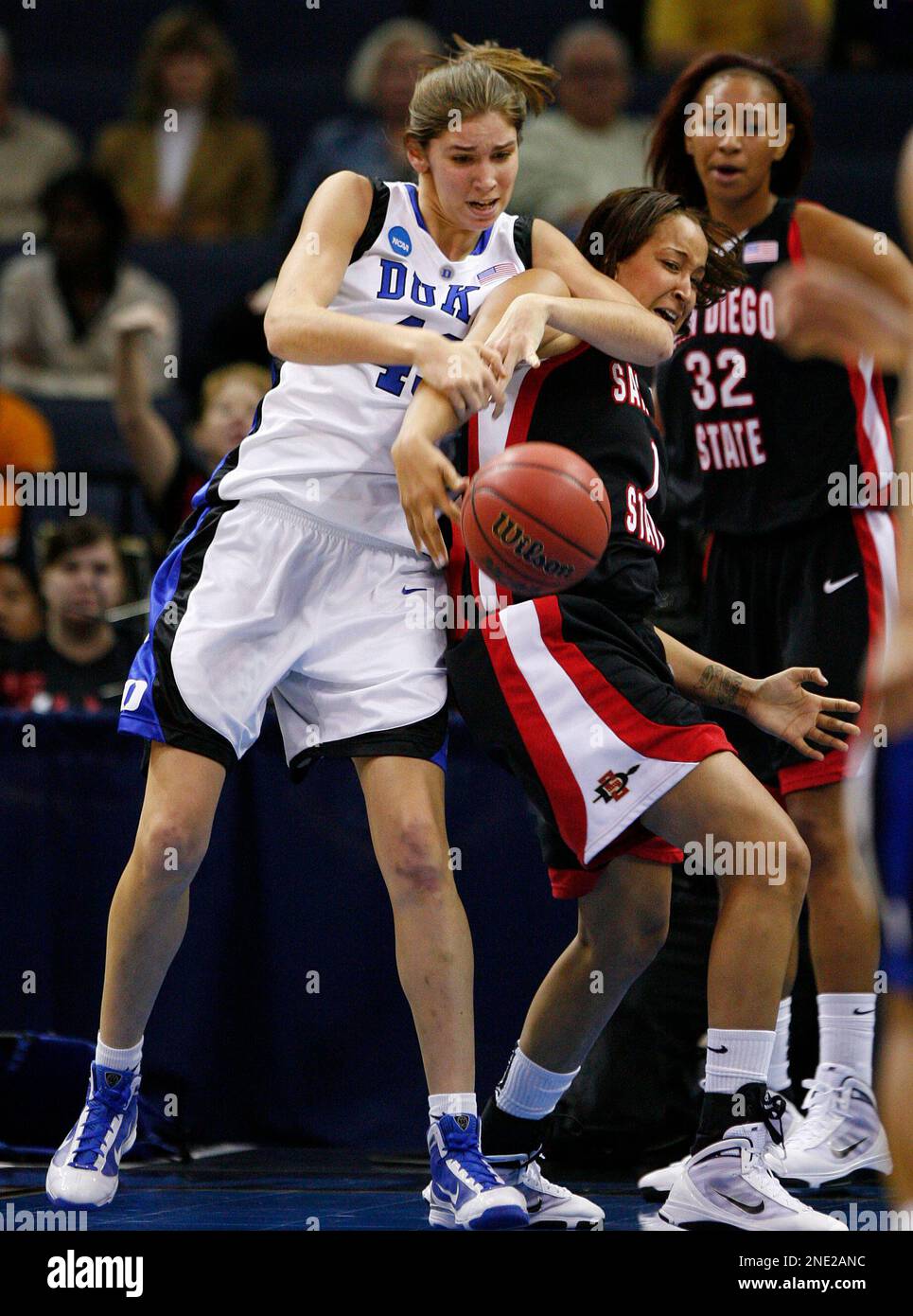 Duke center Allison Vernerey (43) and San Diego State forward Jessika ...