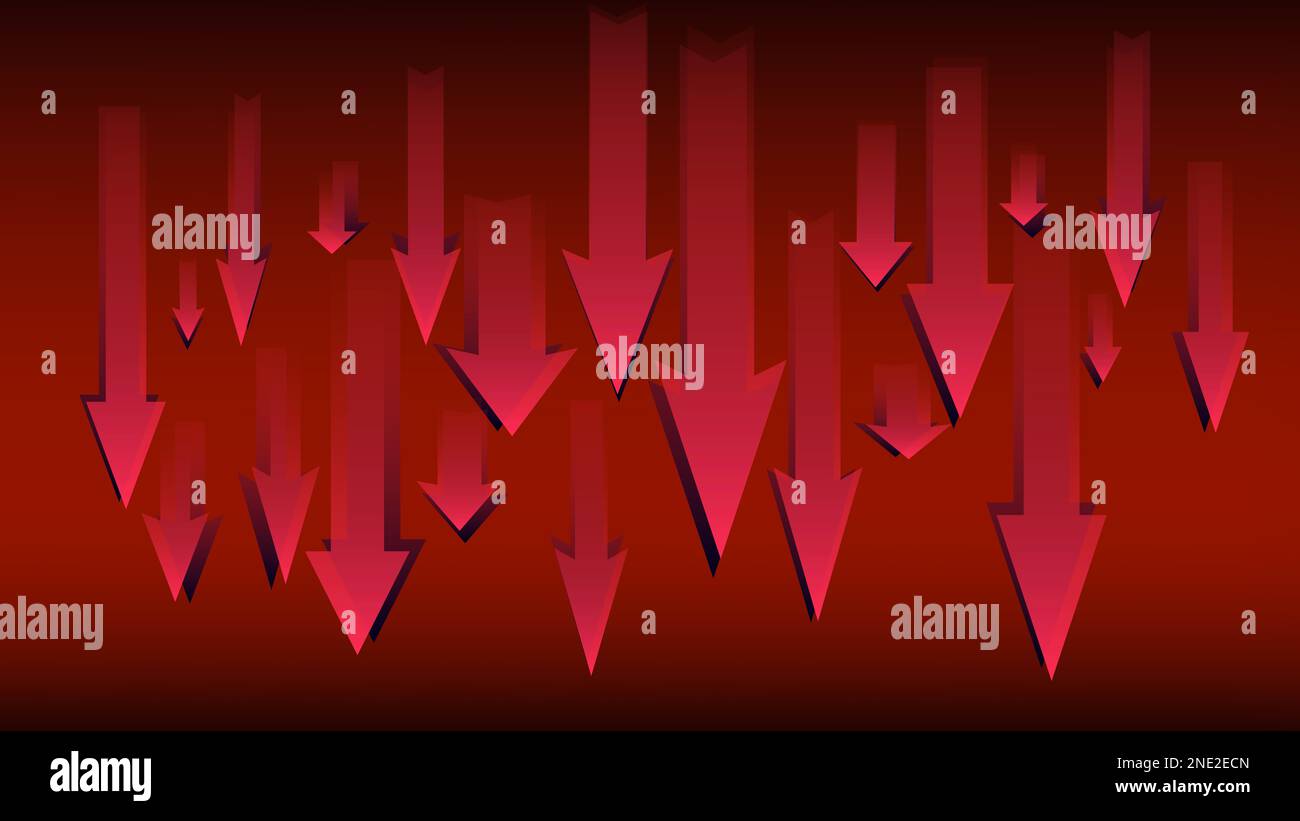 Lots of red arrows with shadows pointing down on dark red background ...