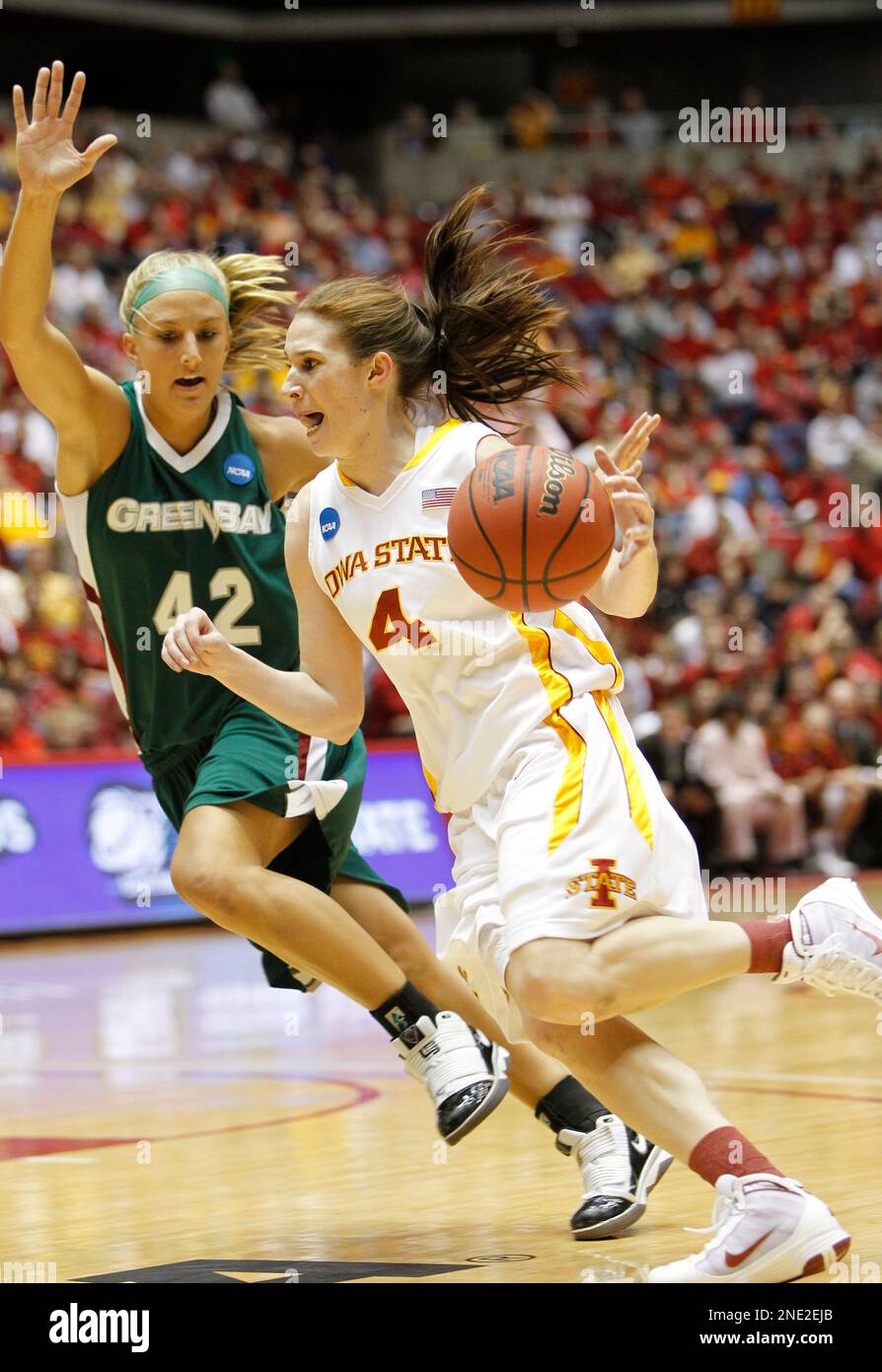 Iowa State guard Alison Lacey, right, drives past Wisconsin-Green Bay ...
