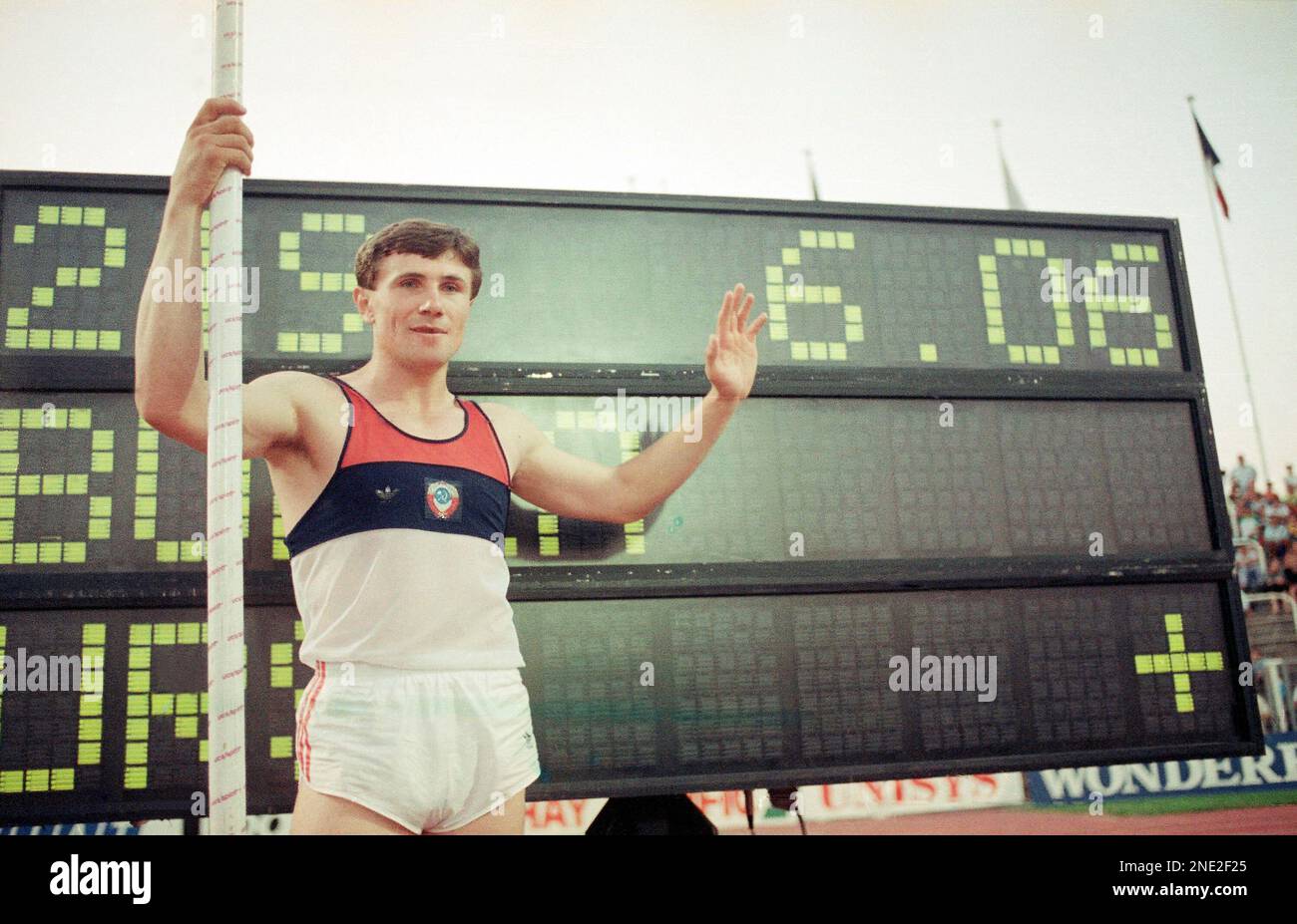 Sergei Bubka of the Soviet Union waves to the crowd after he cleared the height of 6.06 meters ...