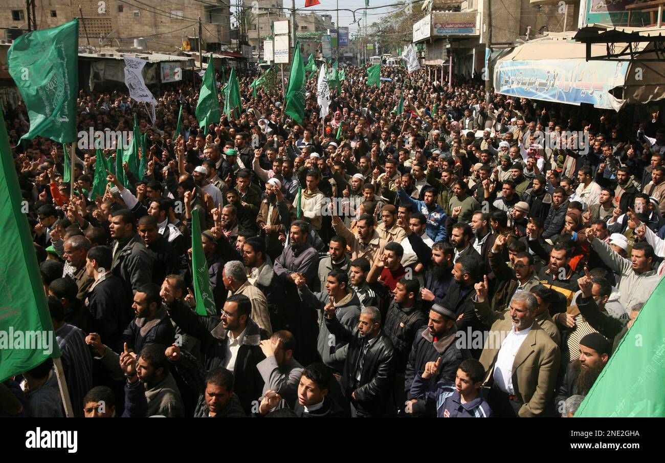 Palestinian Hamas supporters march during an anti-Israel rally at the ...
