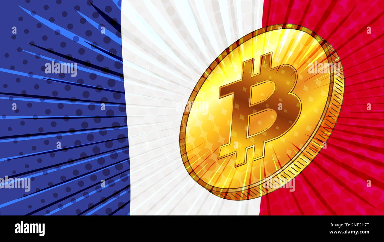 Gold coin of Bitcoin BTC and colored flag of France on background ...