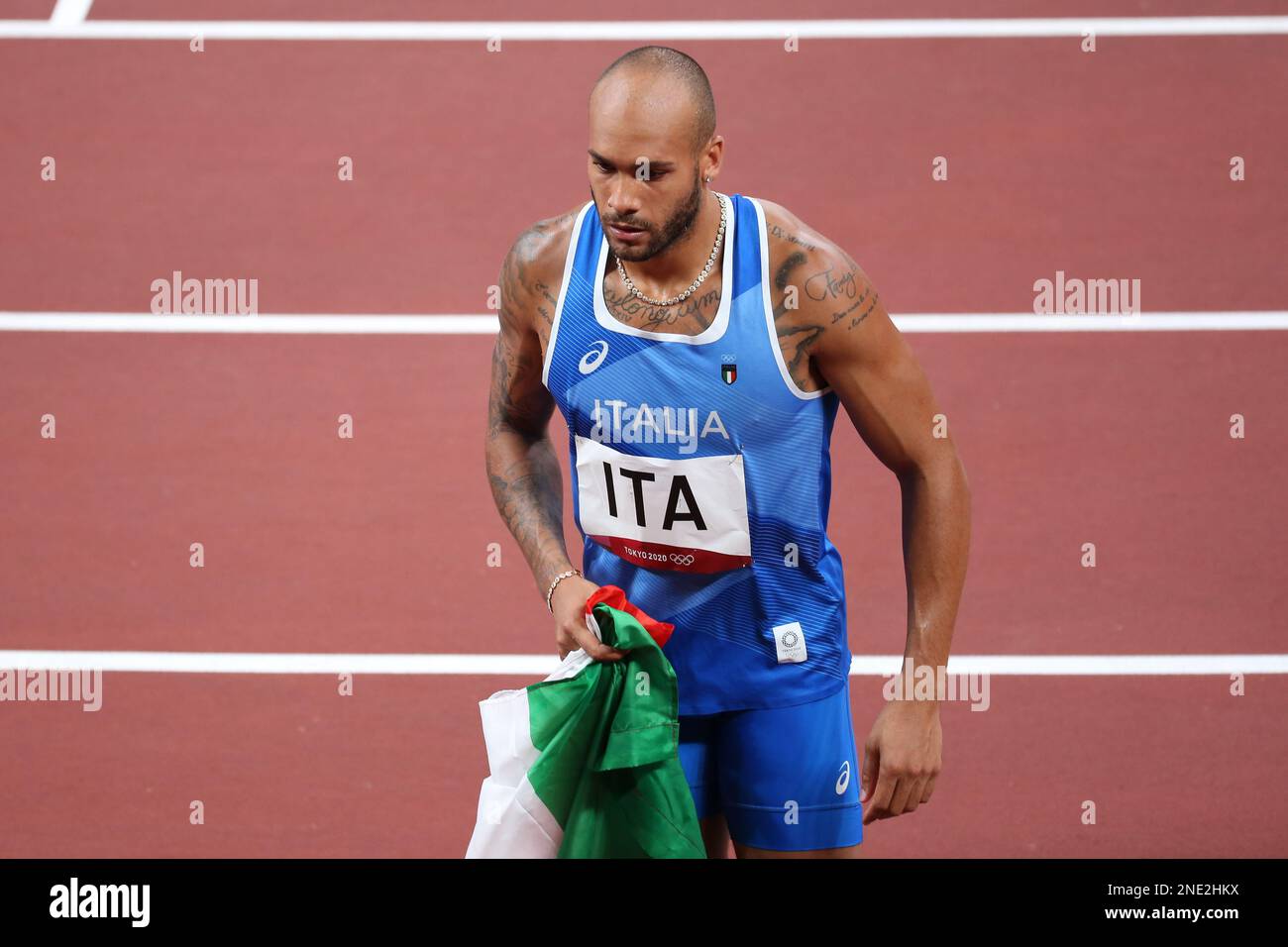 AUG 06, 2021 - Tokyo, Japan: Marcell JACOBS of Italy celebrates winning ...