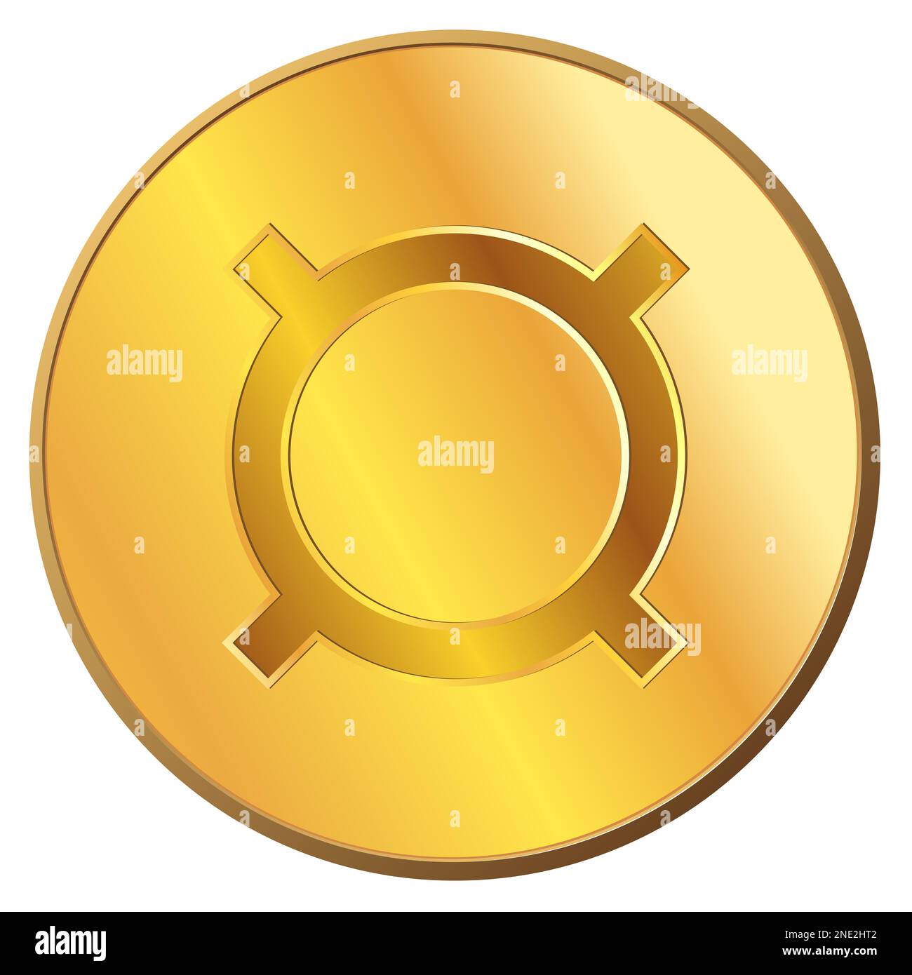 Golden coin with universal currency sign front view isolated on white ...