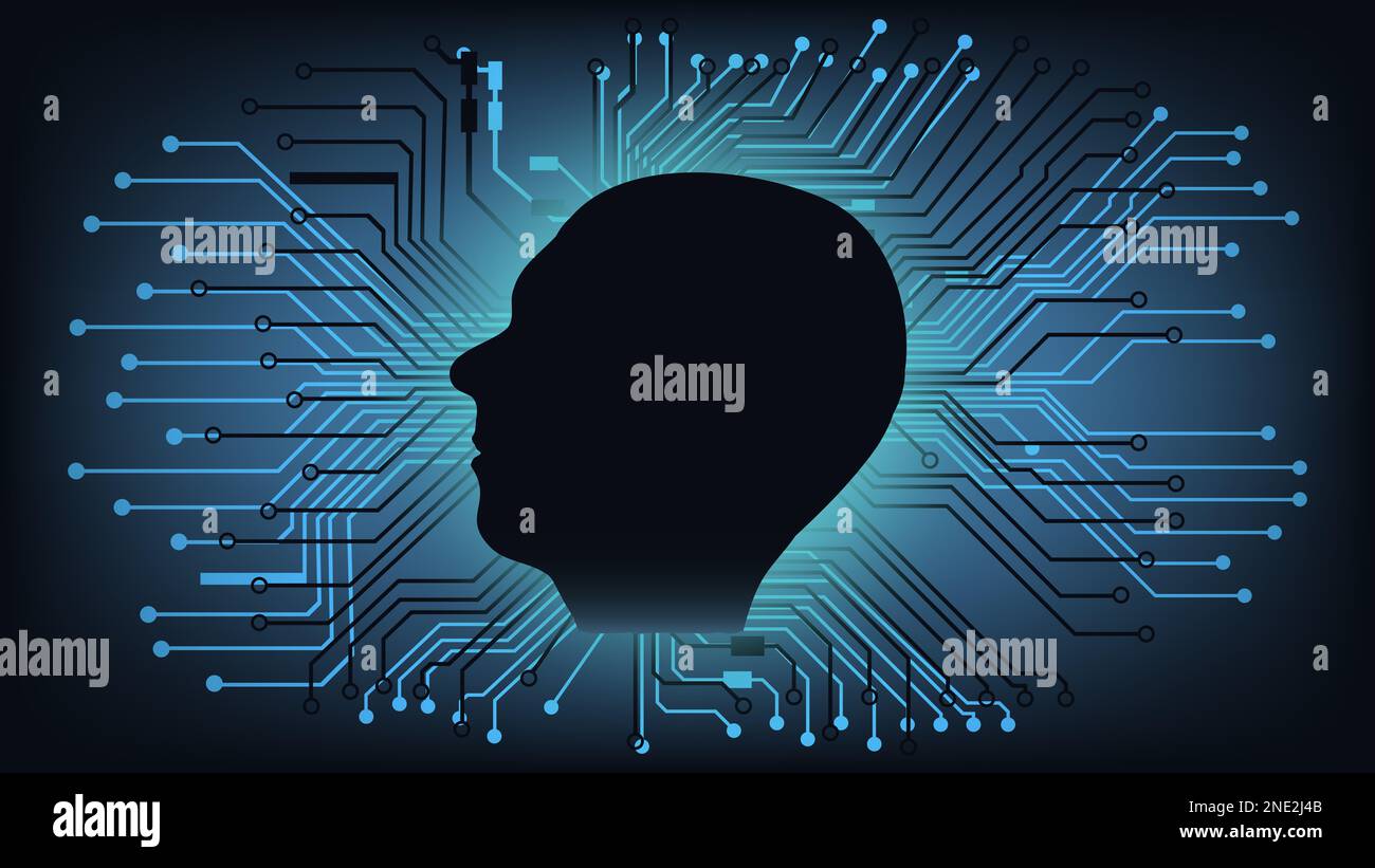 Silhouette of human head in profile in center of circuit board tracks ...