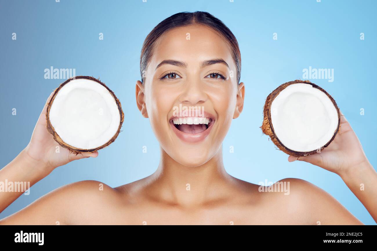 Coconut beauty, woman and portrait for skincare, wellness and blue ...