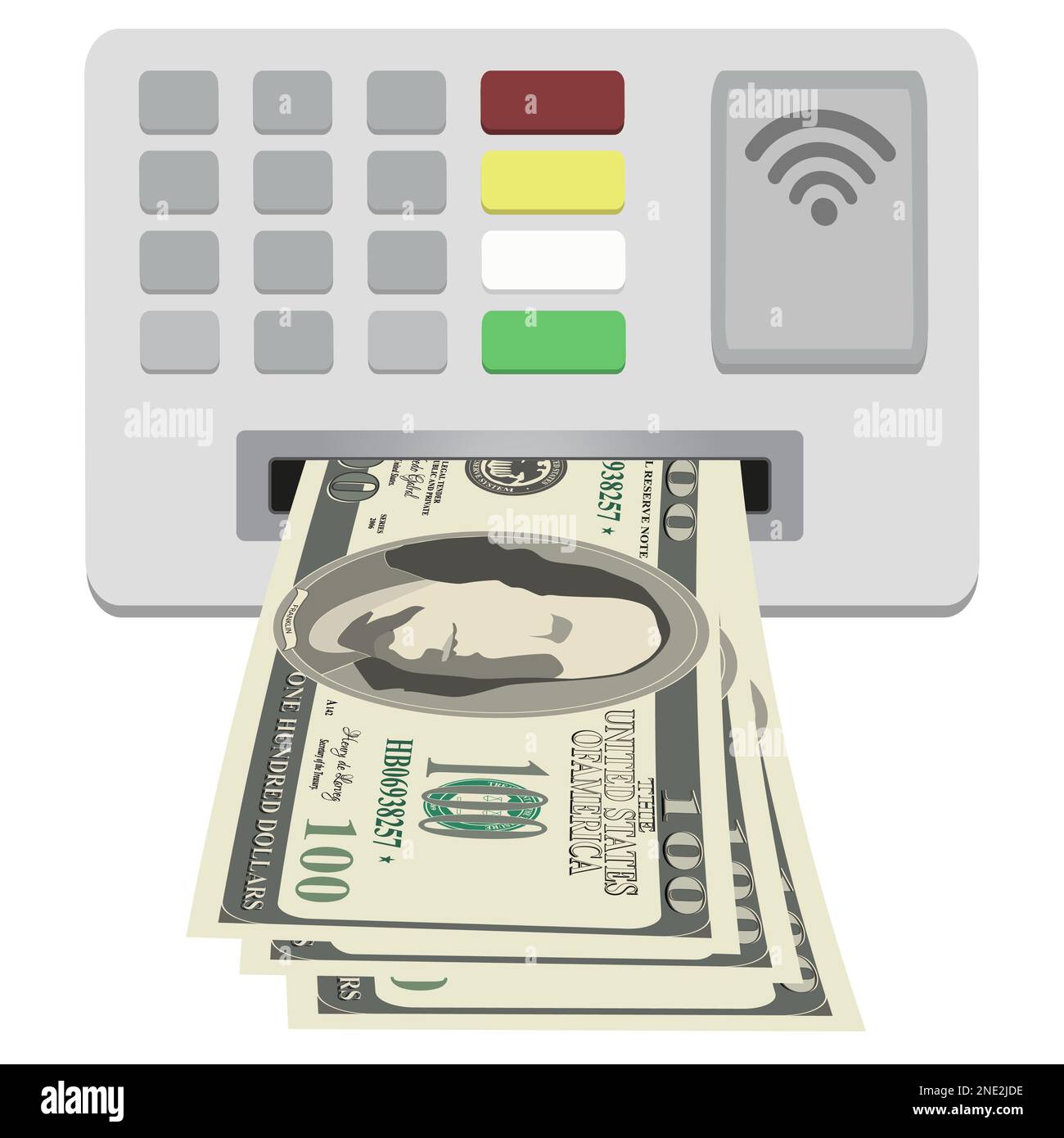 Cash dollars in slot of ATM machine with keypad and contactless plastic ...