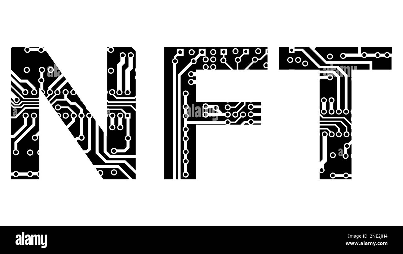 Word silhouette NFT non fungible tokens perforated with PCB circuit ...