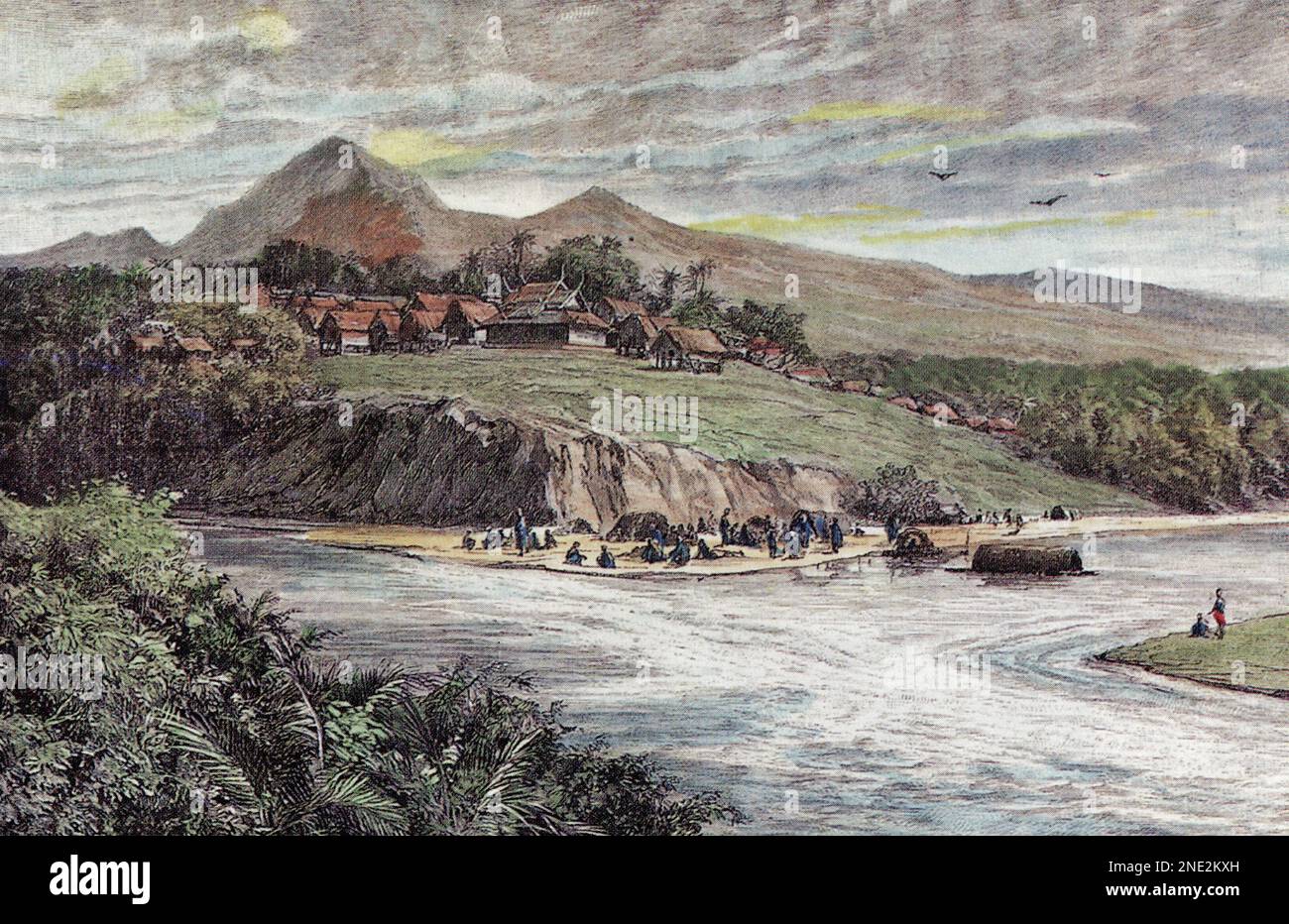 Muong Koua, a town beside the Nam Ou River in Laos; sketch and ...