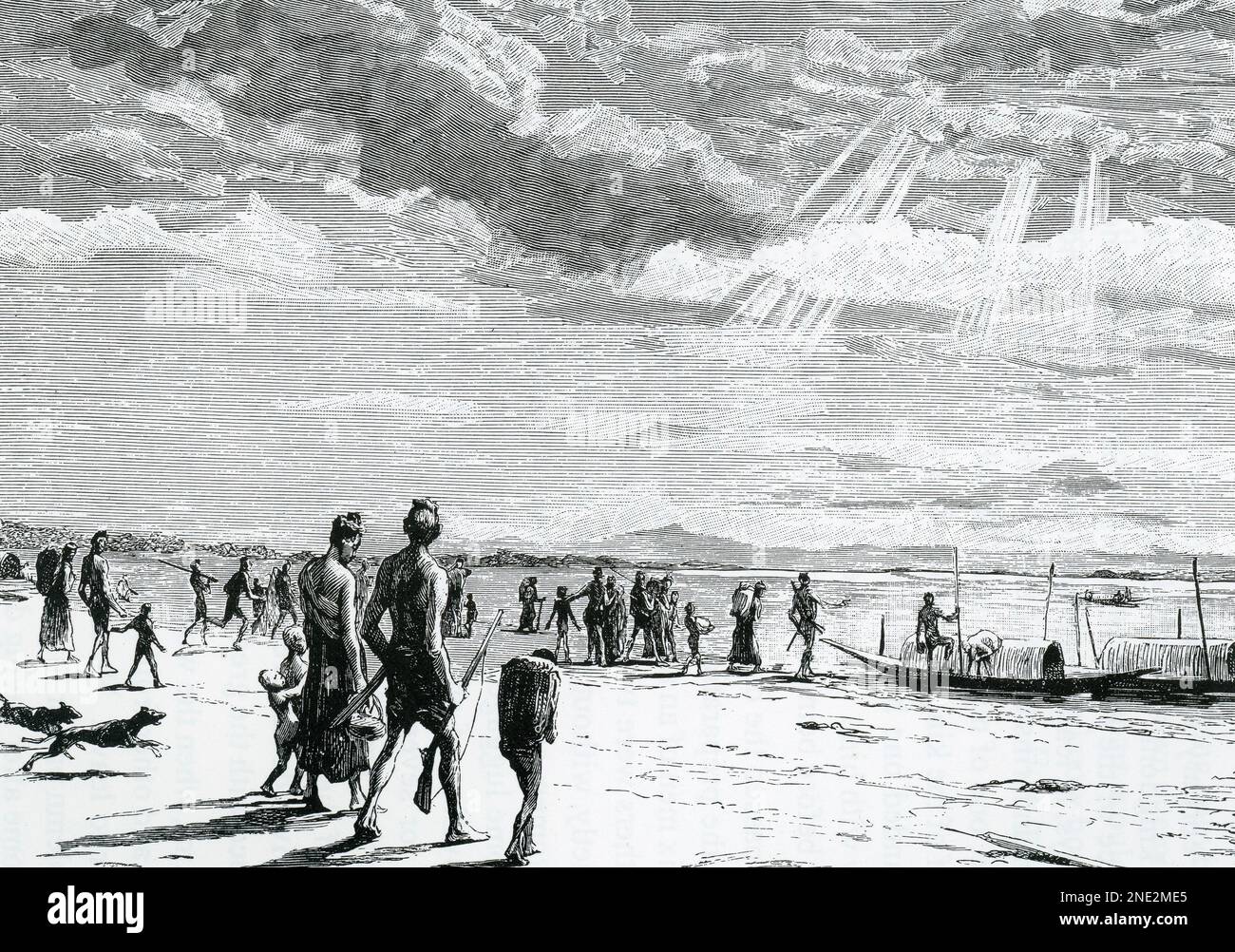 Departure of the Pak Ta people, an ethnic group in Laos; sketch by Eugene Burnand (c.1882 Stock ...