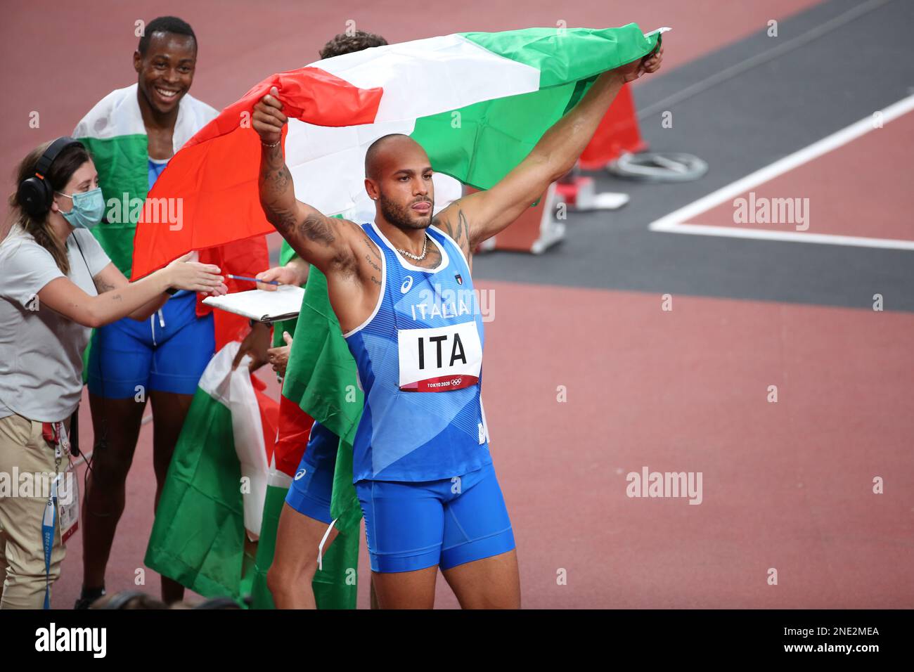 AUG 06, 2021 - Tokyo, Japan: Marcell JACOBS of Italy celebrates winning ...