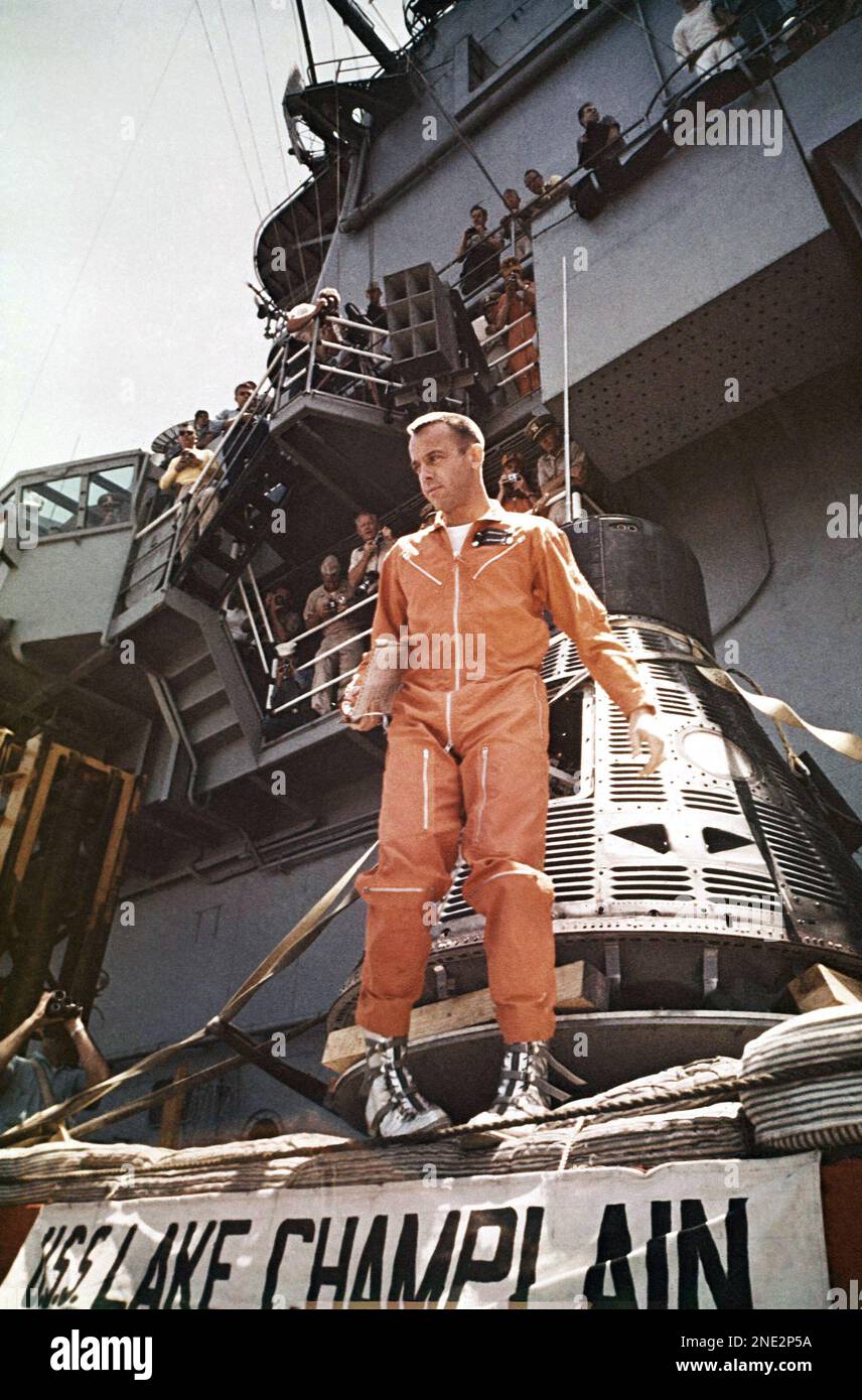 Astronaut Alan Shepard, aboard the USS Lake Champlain on May 5, 1961 ...