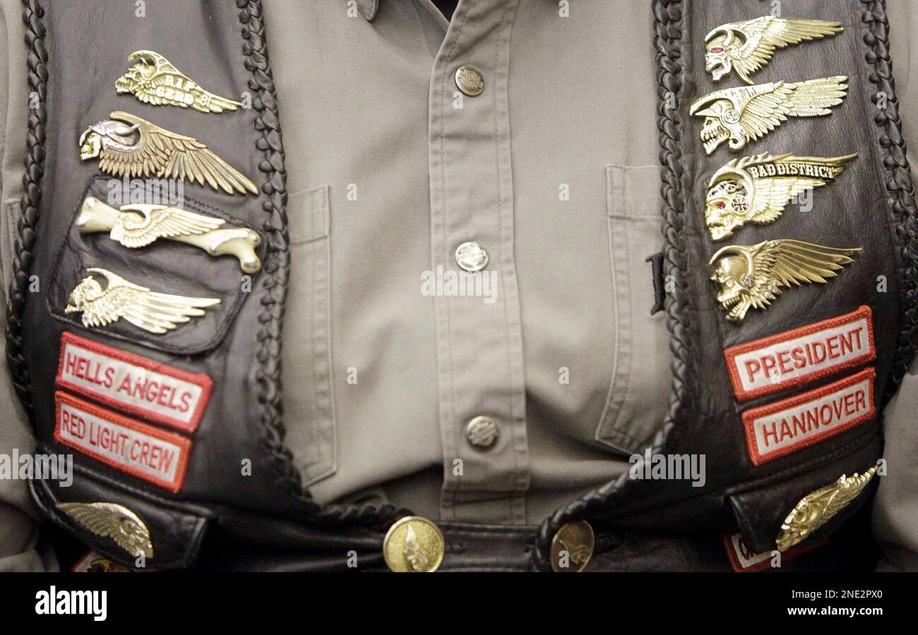 A Hells Angels member with his vest is seen at the courtroom of the ...