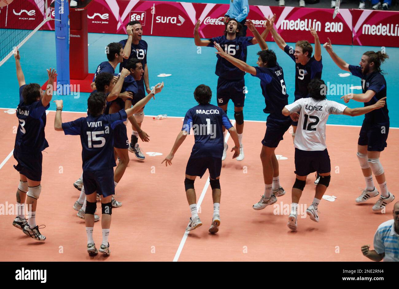 Argentina's volleyball players celebrate their victory over Venezuela ...