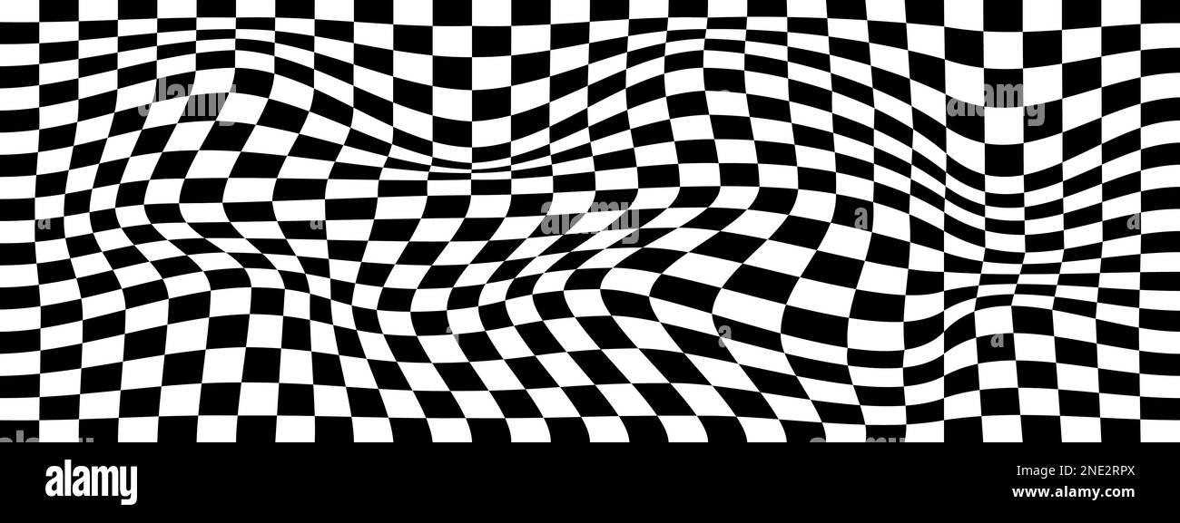 Distorted chessboard background. Psychedelic pattern with black and white squares. Warped race ...