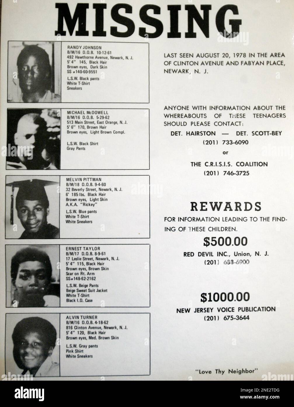 A poster from 1978 looking for, from top, Randy Johnson, Michael ...