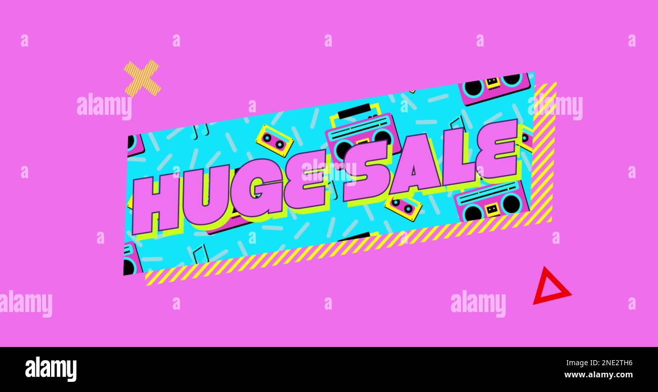 Huge sale graphic in turquoise banner on pink background Stock Photo ...