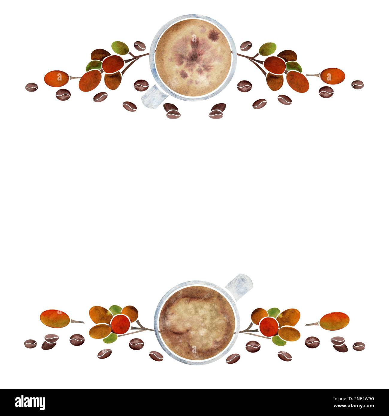 Watercolor hand drawn border frame with capuccino coffee cups, fresh ...
