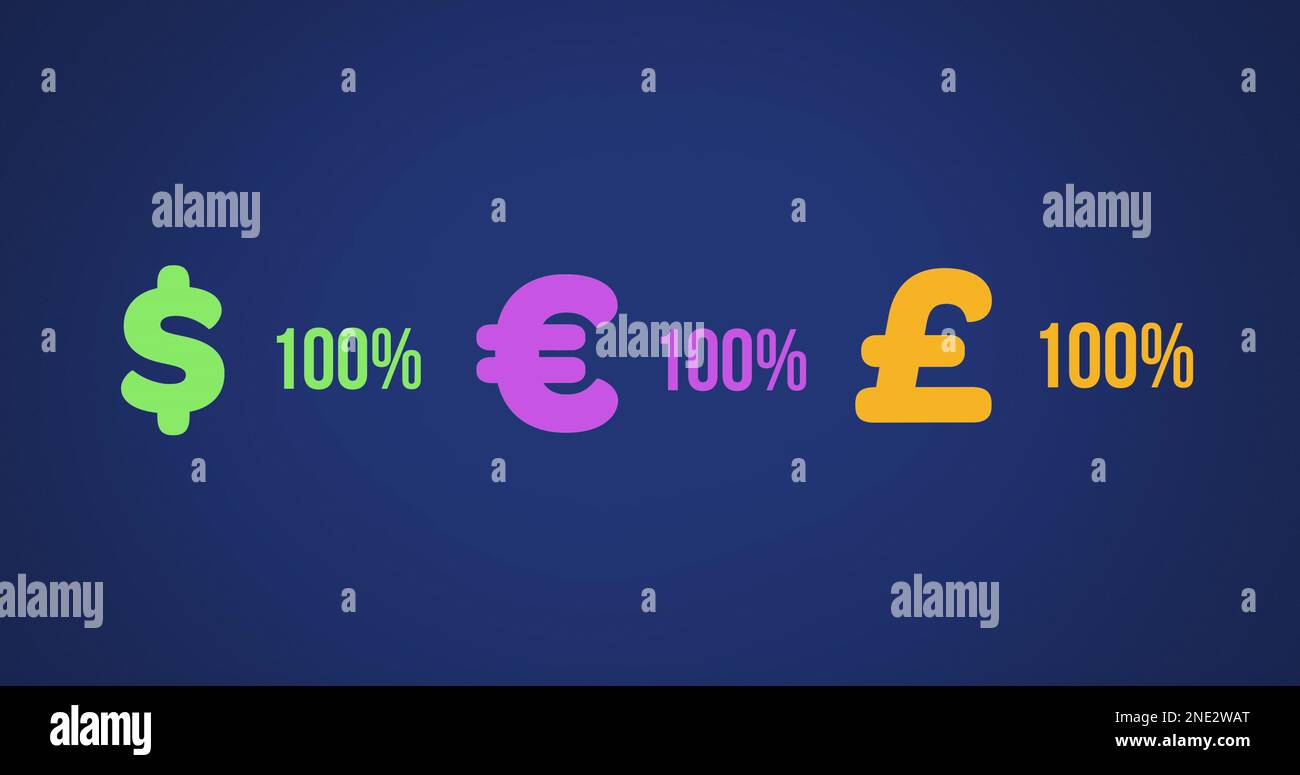 Composition of currency symbols and 100 percent text on blue background ...
