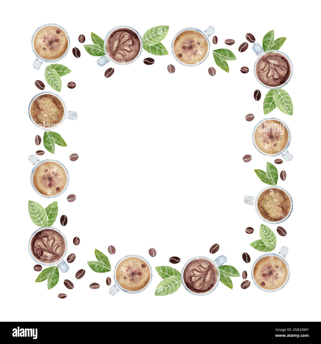Watercolor hand drawn border frame with capuccino coffee cups, fresh ...