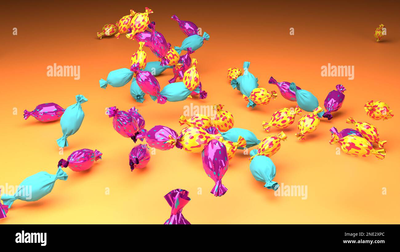 Candies falling on a yellow background 3D render realistic picture ...