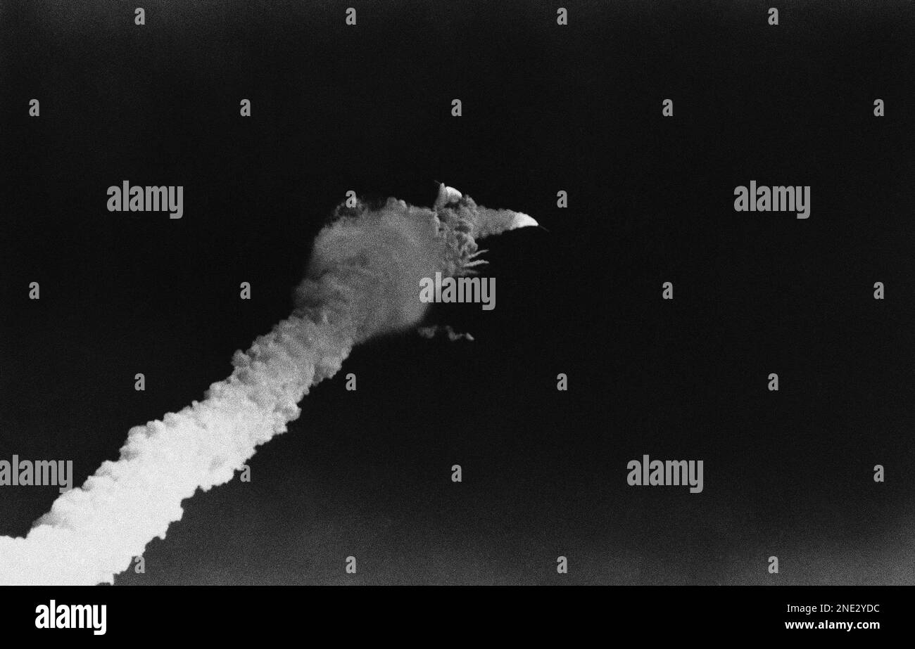 The Space Shuttle orbiter Challenger is destroyed by an explosion after ...