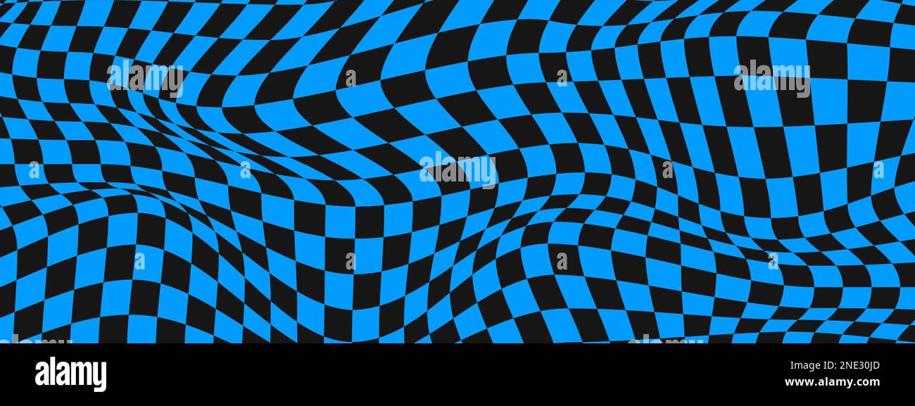Distorted chess board background. Psychedelic pattern with warped black and blue squares. Trippy ...