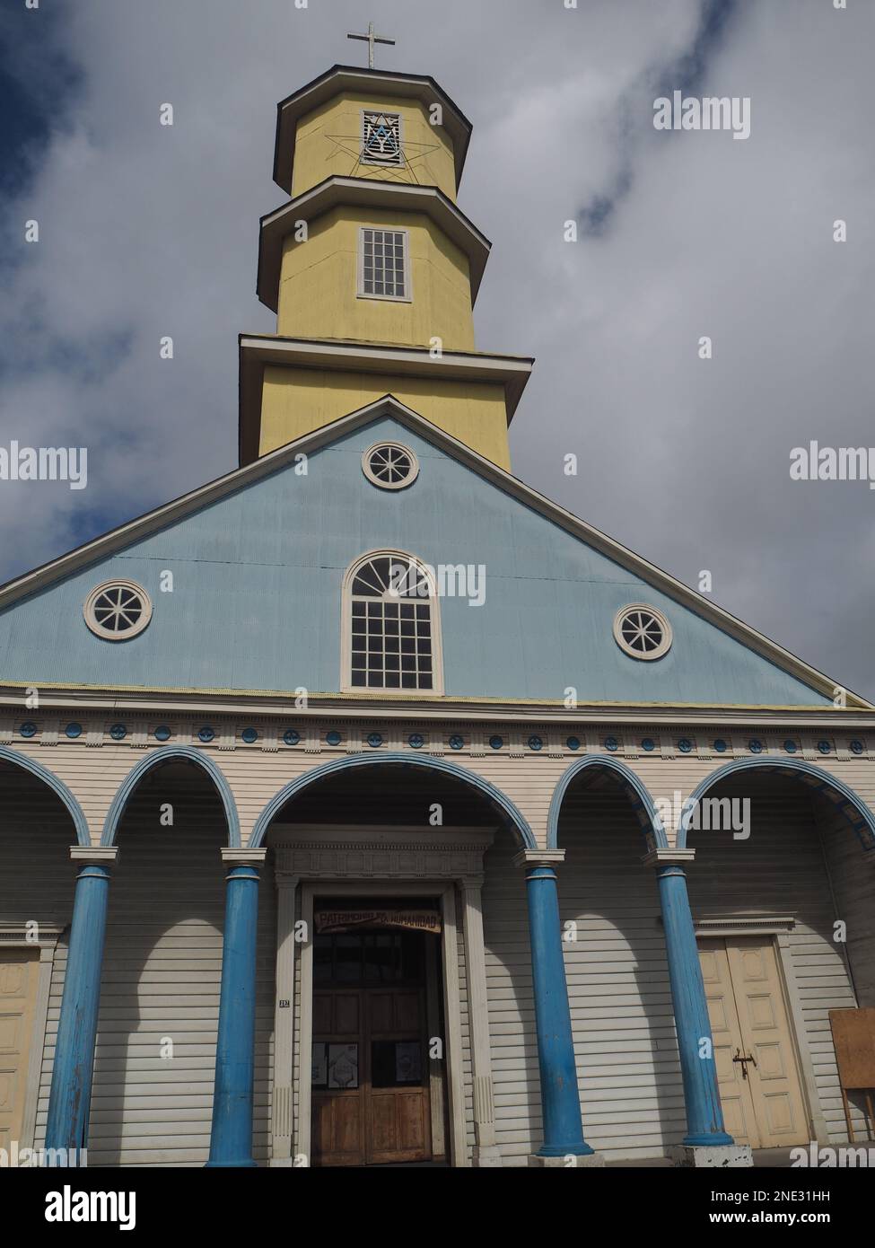 Church of Chonchi, blue and yellow wooden chruch in Chiloe Stock Photo ...