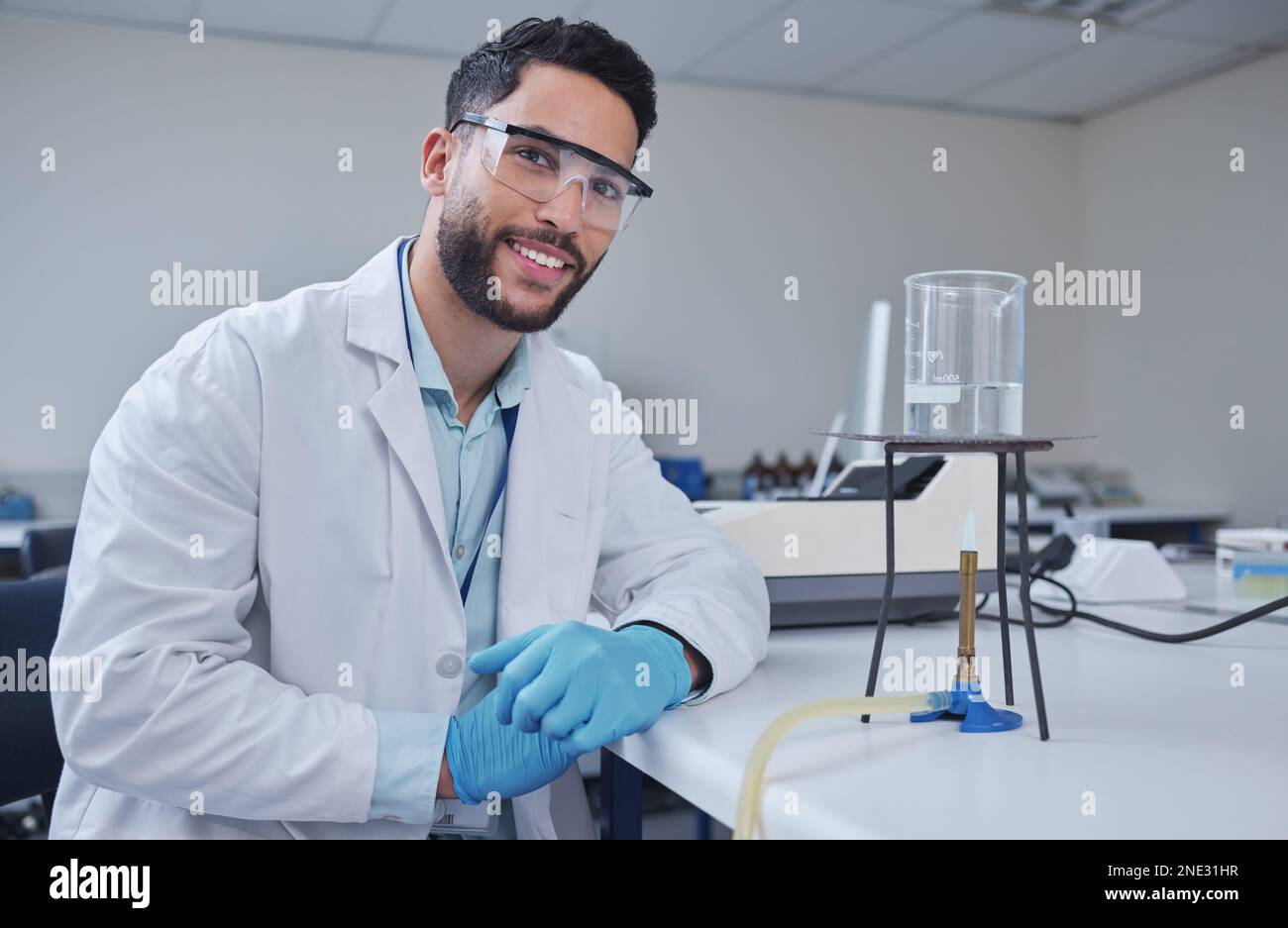 Man, portrait and laboratory glass in science research, future dna ...