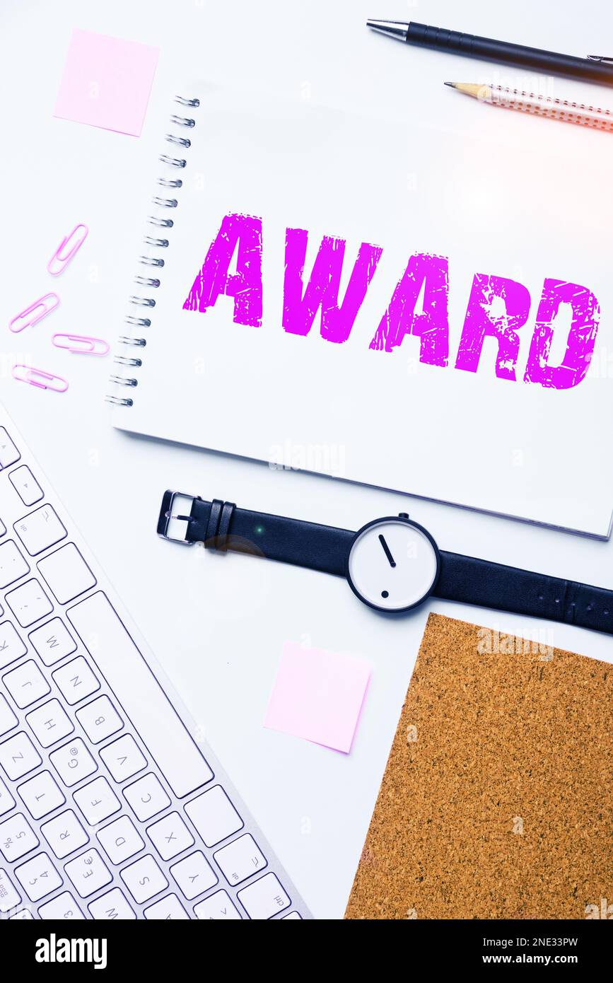 Conceptual caption Award. Word Written on Prize and other mark of ...