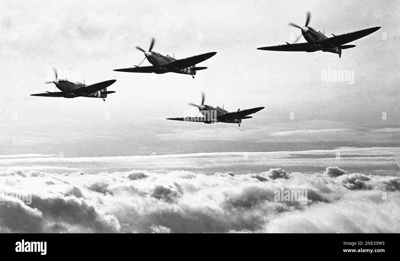 The new Royal Air Force Spitfires, flying in formation, somewhere over ...