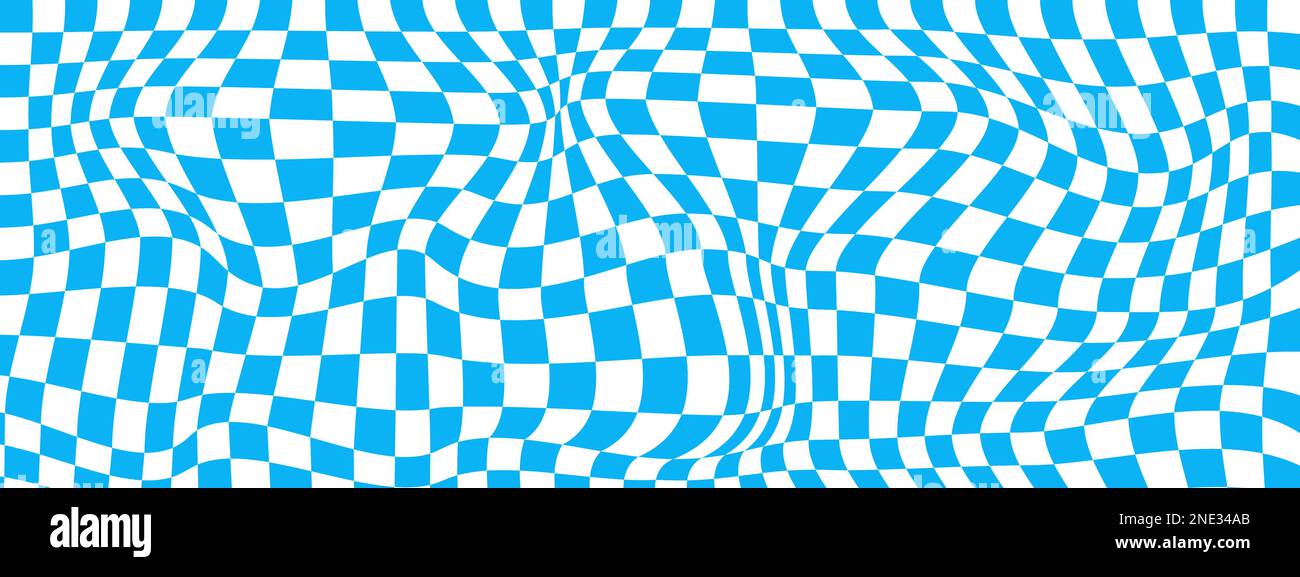 Psychedelic pattern with warped blue and white squares. Distorted chess board background ...