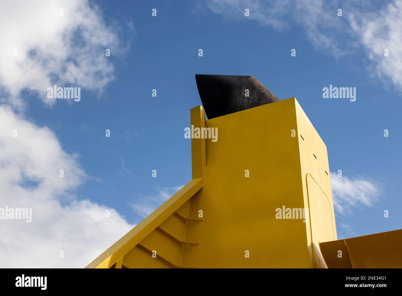 Bright yellow chimney of a shuttle boat, trasnport from Lanzarote to ...