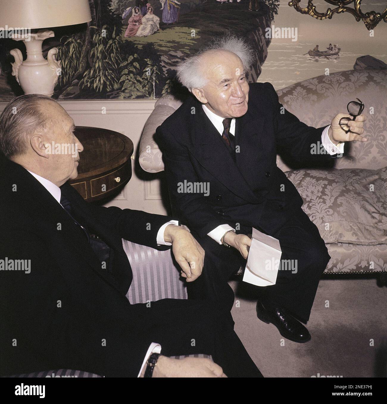 Israel's Premier David Ben-Gurion, left, using his hand for emphasis ...
