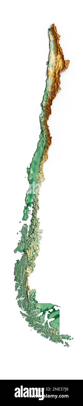 Chile. Highly detailed 3D rendering of shaded relief map with rivers ...
