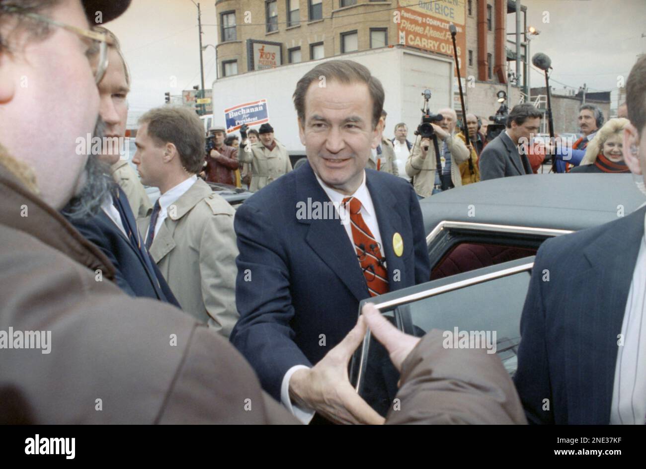 Republican presidential candidate Pat Buchanan greets a supporter ...