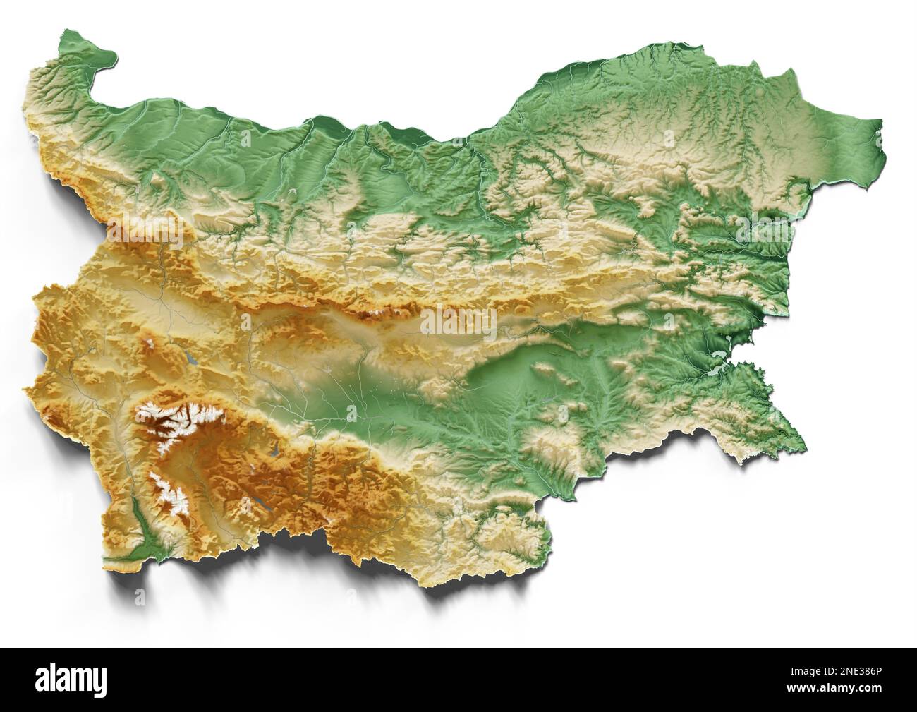 Bulgaria. Highly detailed 3D rendering of shaded relief map with rivers ...