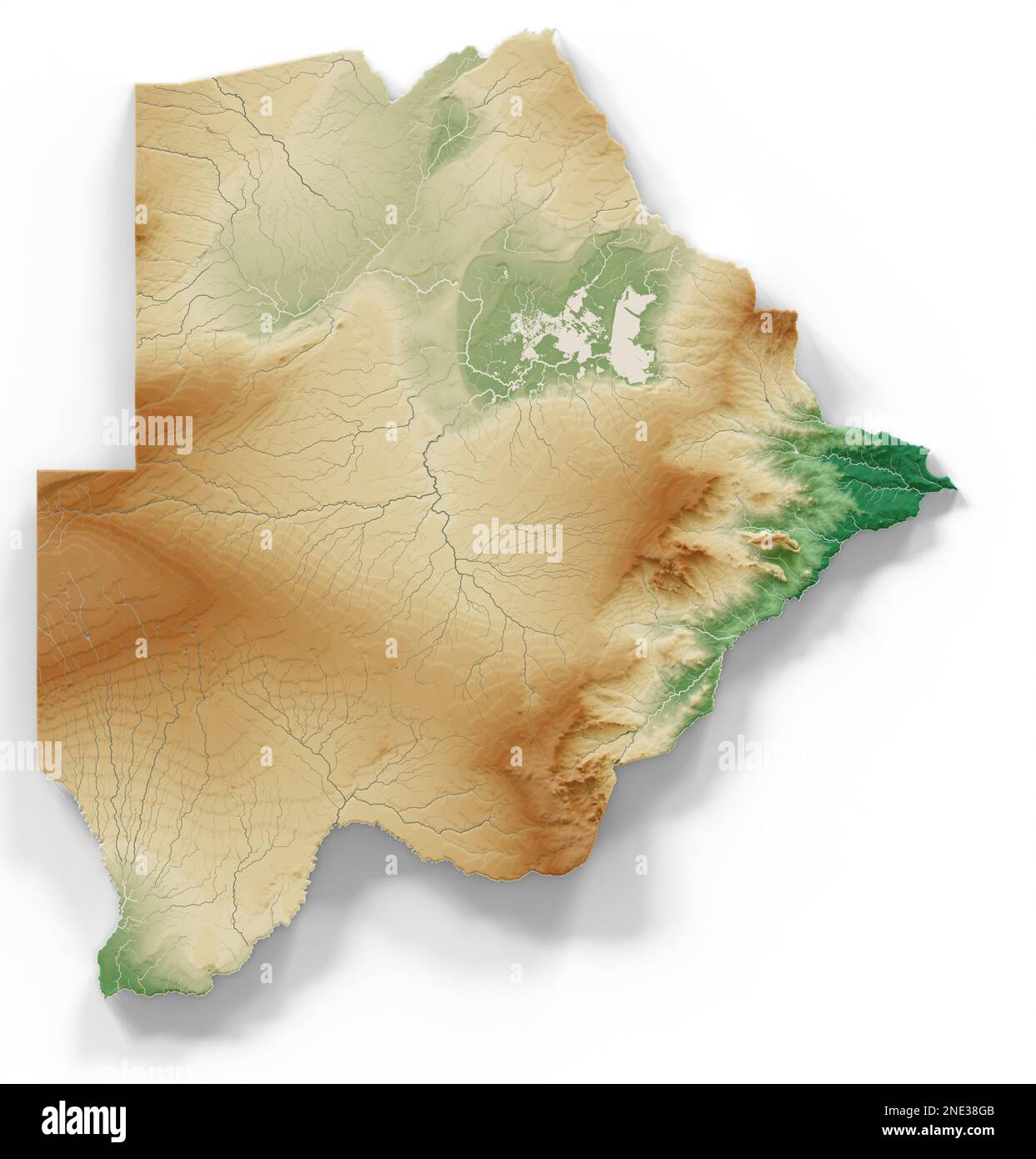 Botswana. Highly detailed 3D rendering of shaded relief map with rivers ...