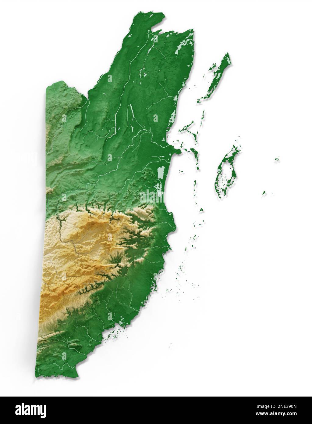 Belize. Highly detailed 3D rendering of shaded relief map with rivers ...