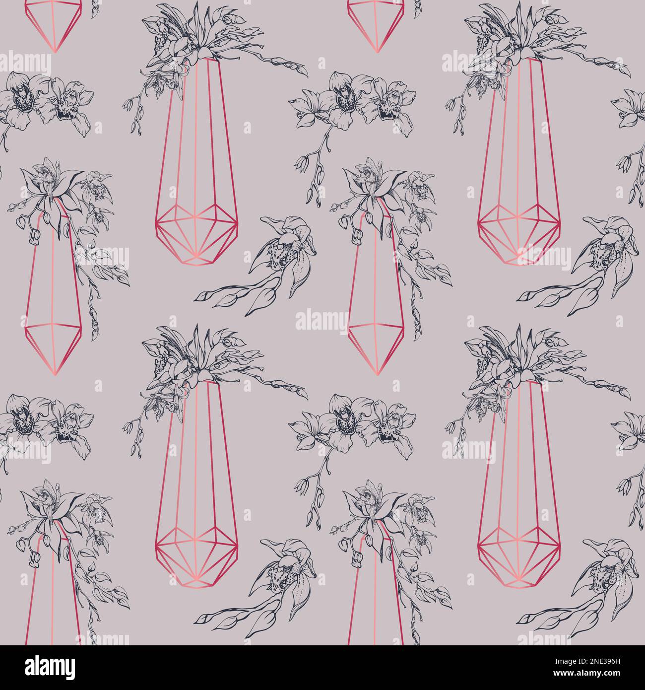 Hand drawn vector ink orchid flowers and branches, monochrome, detailed ...