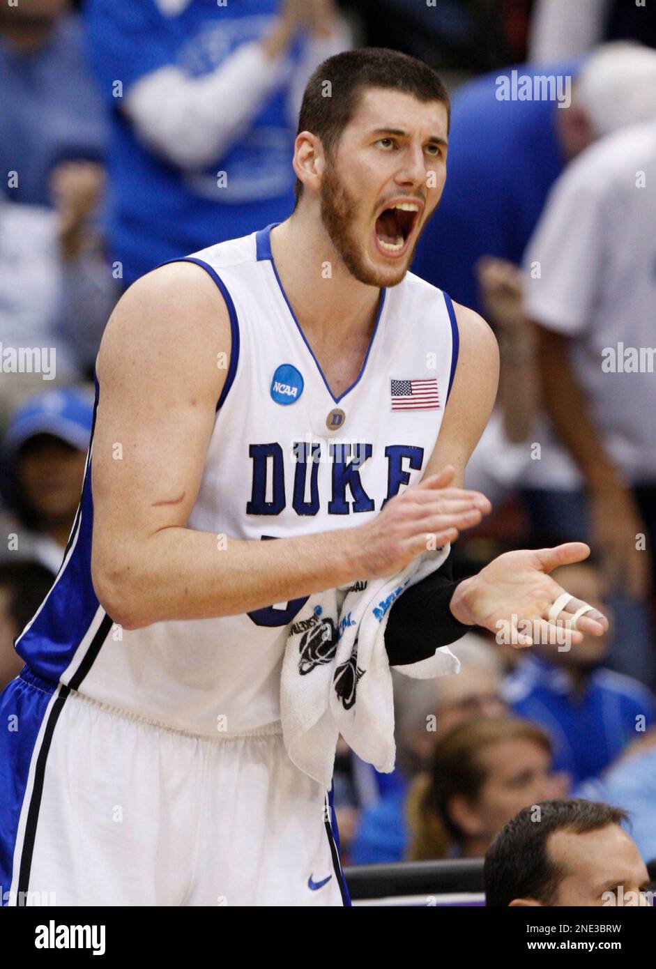 Duke's Brian Zoubek (55) screams at his team during the first half ...