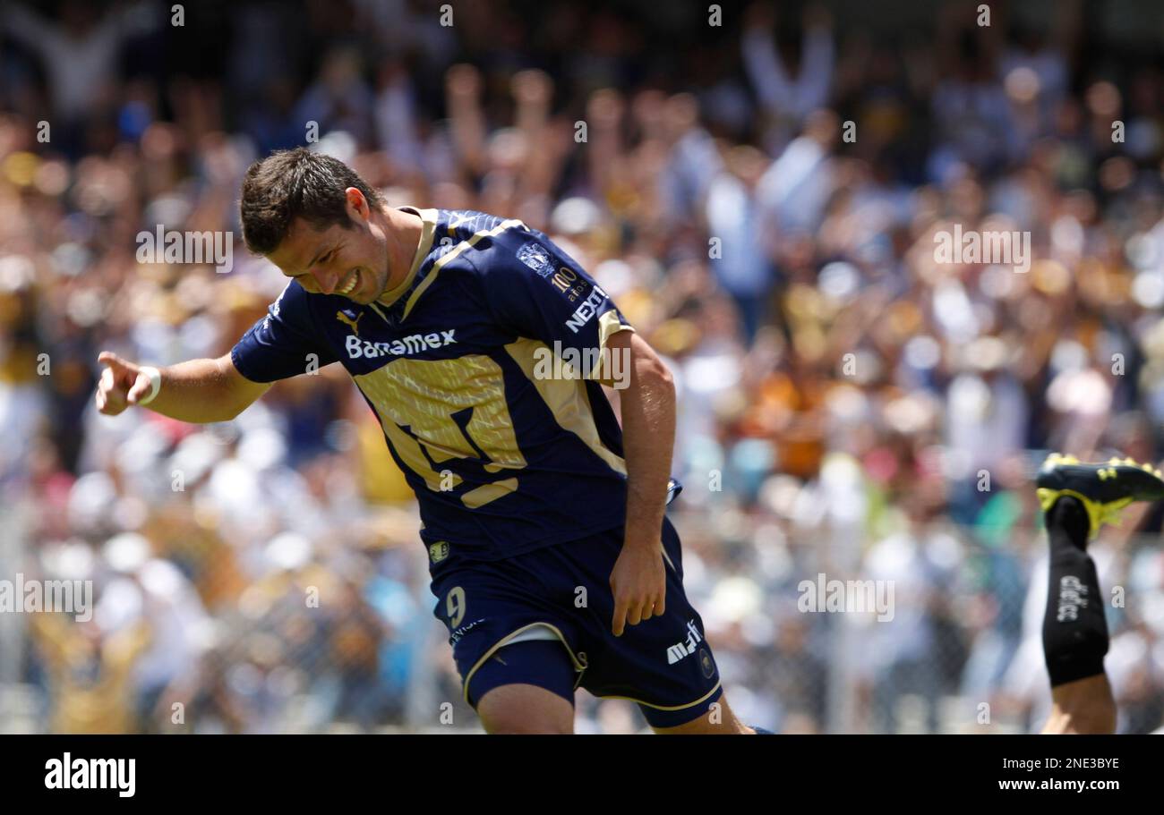 Pumas' Dante Lopez celebrates his goal against Jaguares at a Mexican ...