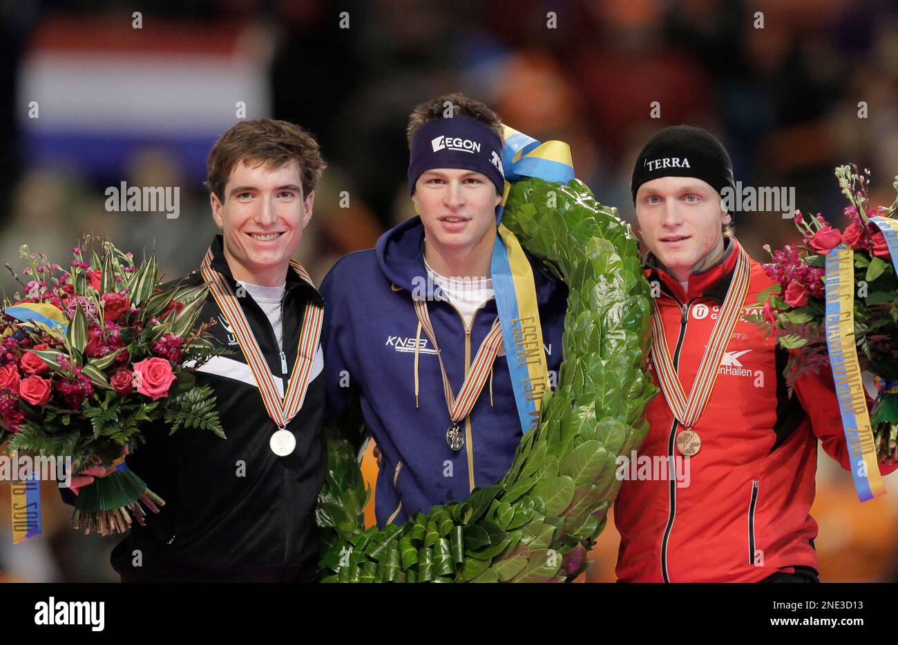 Winners of the speed skating event are, from left, Jonathan Kuck of the ...