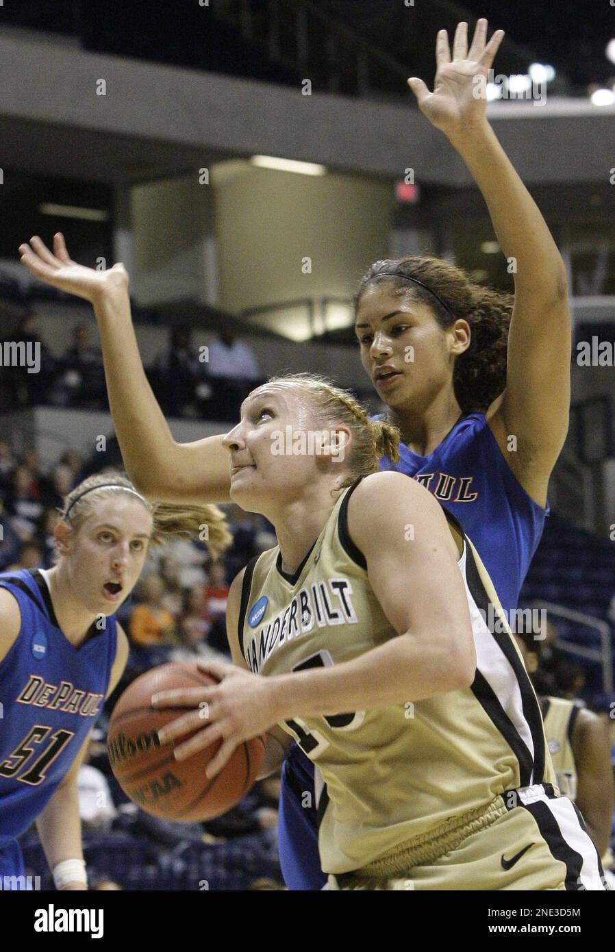 Vanderbilt forward Hannah Tuomi, front, drives against DePaul forward ...