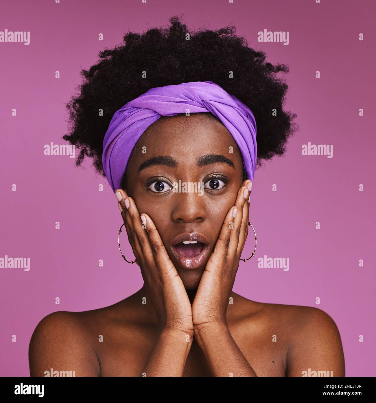 Beauty, skincare and shock, portrait of black woman with hand in face ...