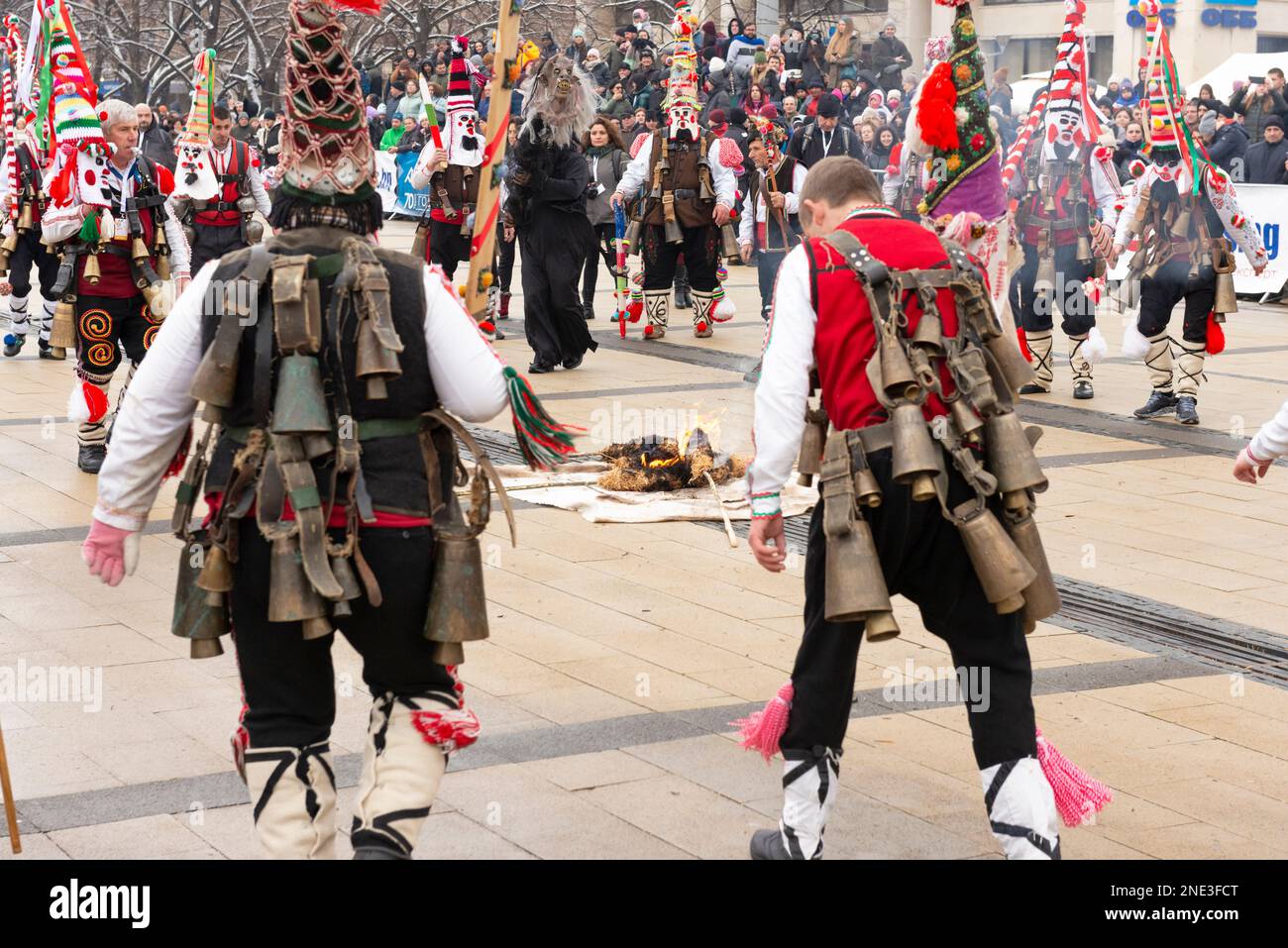 Masked dancers from Central Bulgaria performing a ritual at the Surva ...