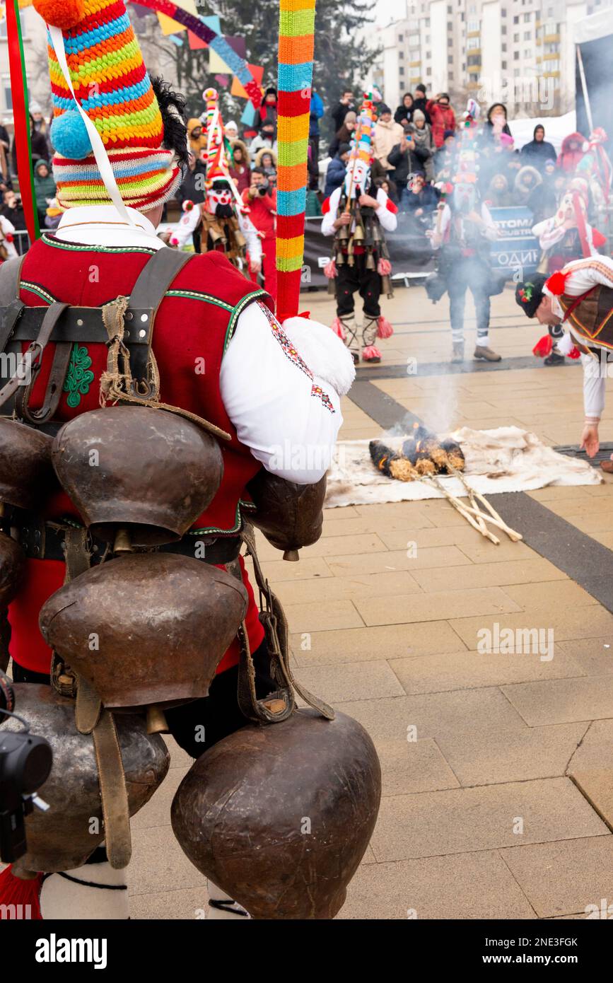 Masked dancers from Central Bulgaria performing a ritual at the Surva ...