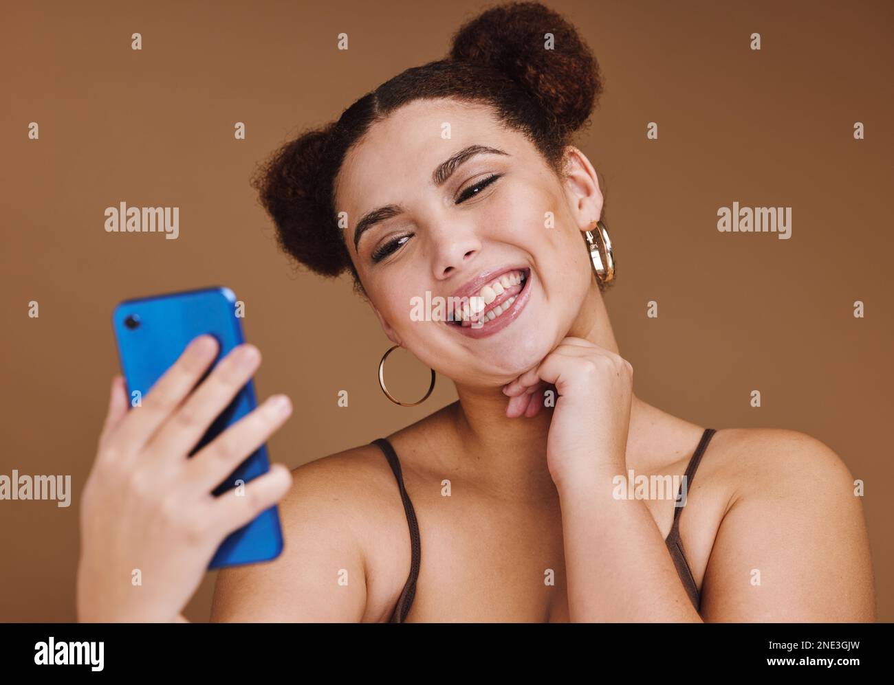 Selfie, happiness and woman smile with a phone feeling excited, happy ...