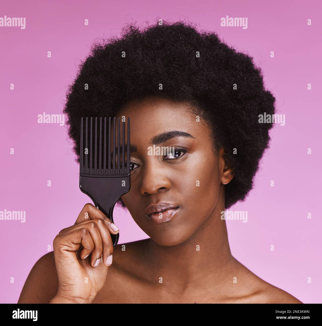 Portrait, black woman with comb and hair care with grooming, morning ...